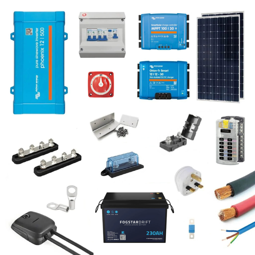 Full campervan electrical kit w. 500VA inverter & solar
